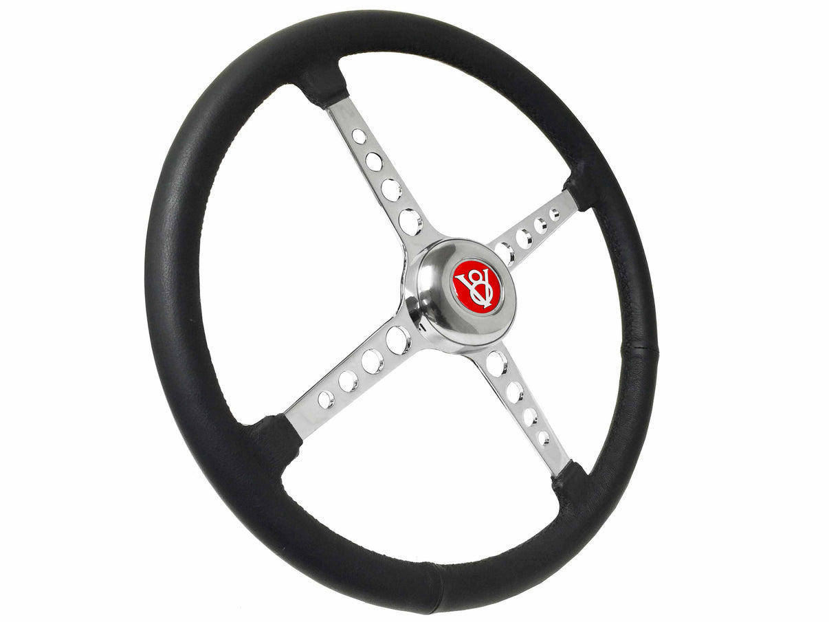 15" Leather 3-Bolt Sprint Steering Wheel Red Hot Rod V8 Kit, 4-Spoke w ...